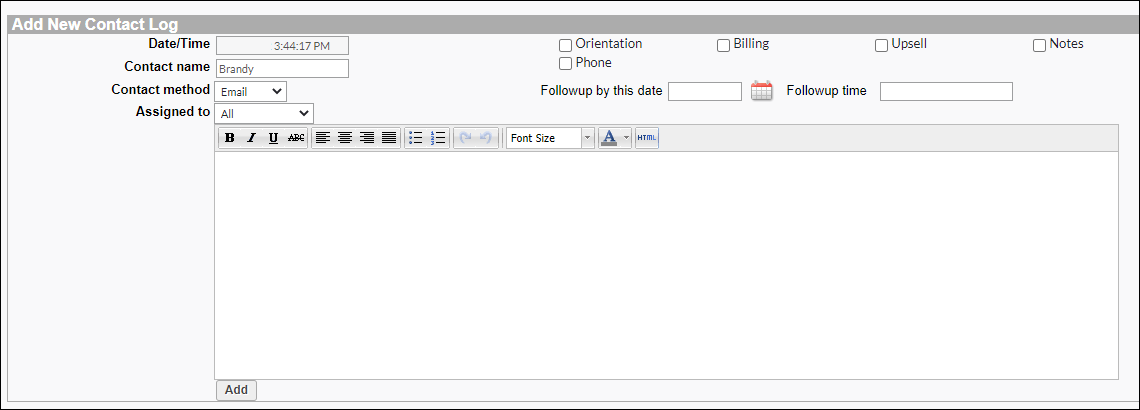 Client Contact Logs screen - overview