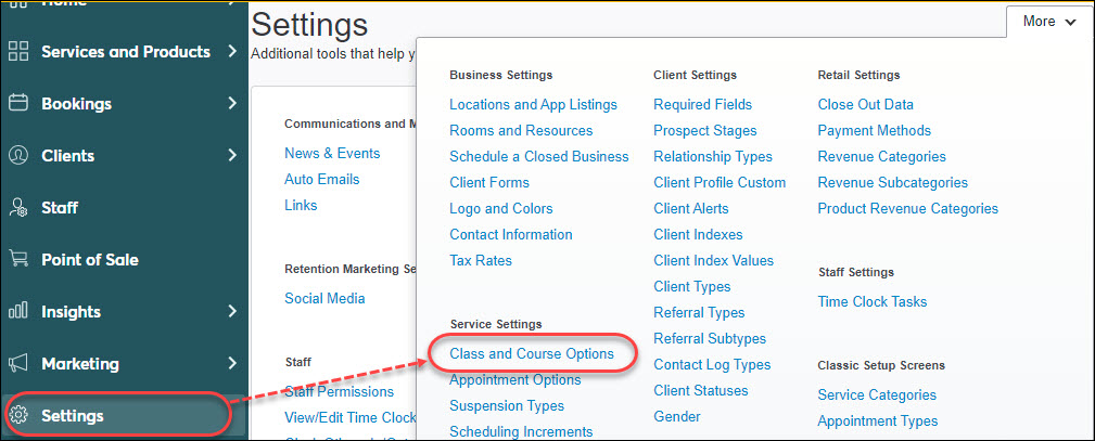 Class & Enrollment Course Options screen