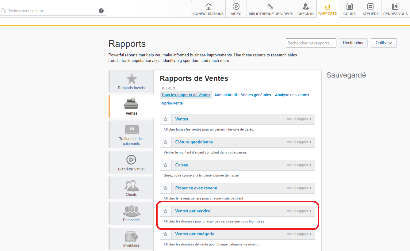 Rapport Ventes par service