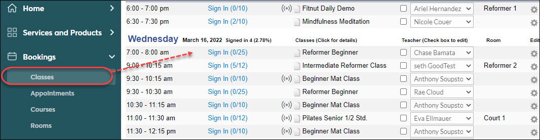 Class Sign-in screen