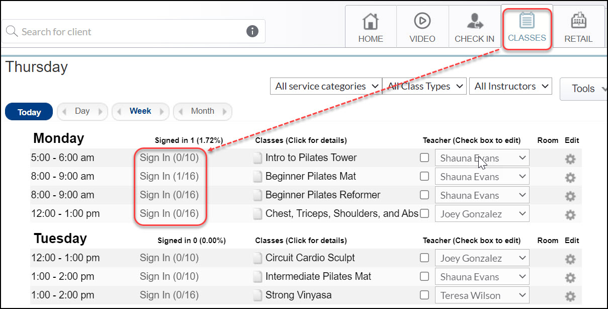 Class Sign-in screen