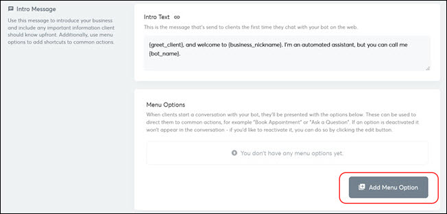 Adding menu options to the bot's intro message - Messenger[ai]