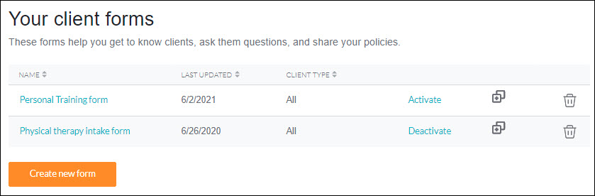 Client Forms screen - overview