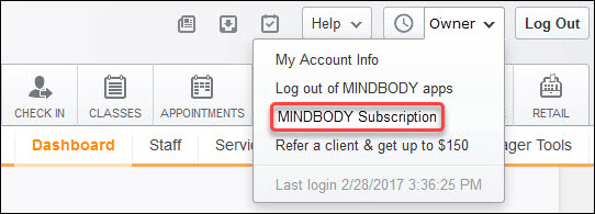 How can I view my Mindbody software subscription package and update my ...