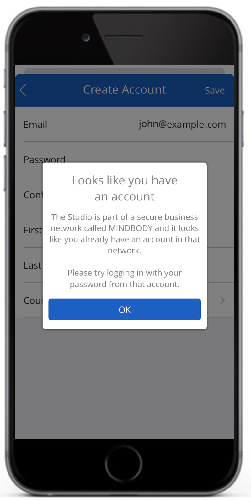 Logging in to the branded mobile app with a Mindbody account