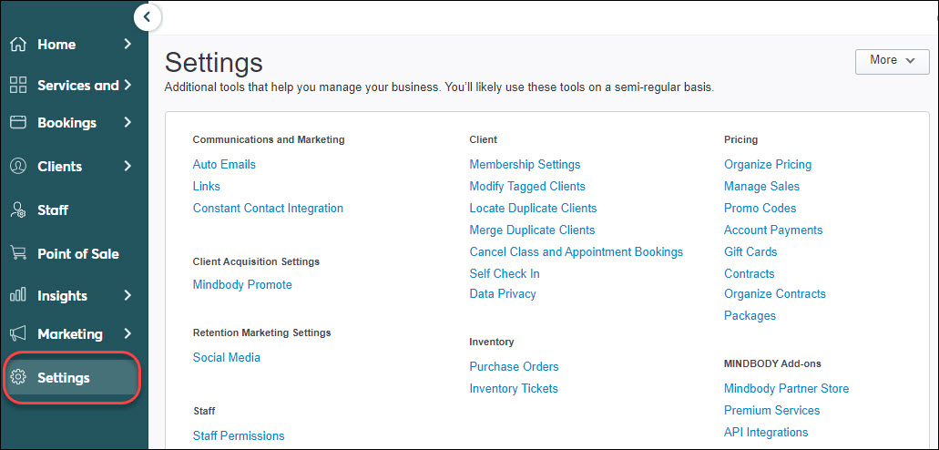 Settings screen (Manager Tools)