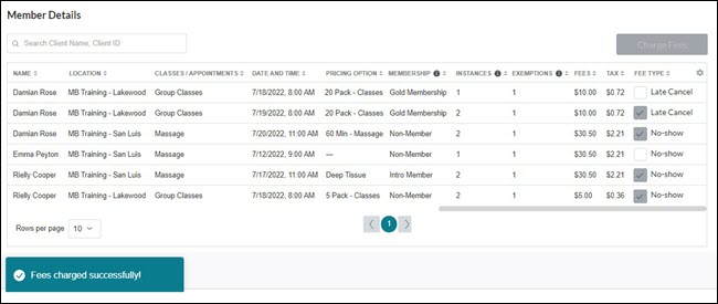 No-show/Late Cancel Fees screen: Create fees and mass schedule autopays