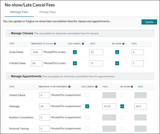 No-show/Late Cancel Fees screen: Create fees and mass schedule autopays