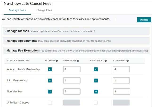No-show/Late Cancel Fees screen: Create fees and mass schedule autopays