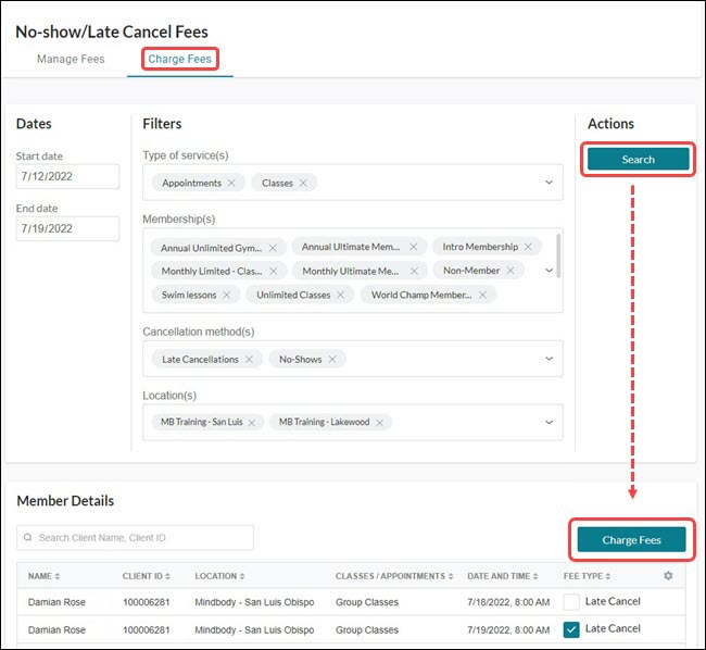 No-show/Late Cancel Fees screen: Create fees and mass schedule autopays