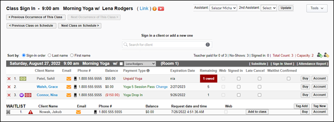 Class Sign-in screen