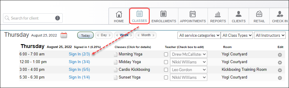 Class Sign-in screen