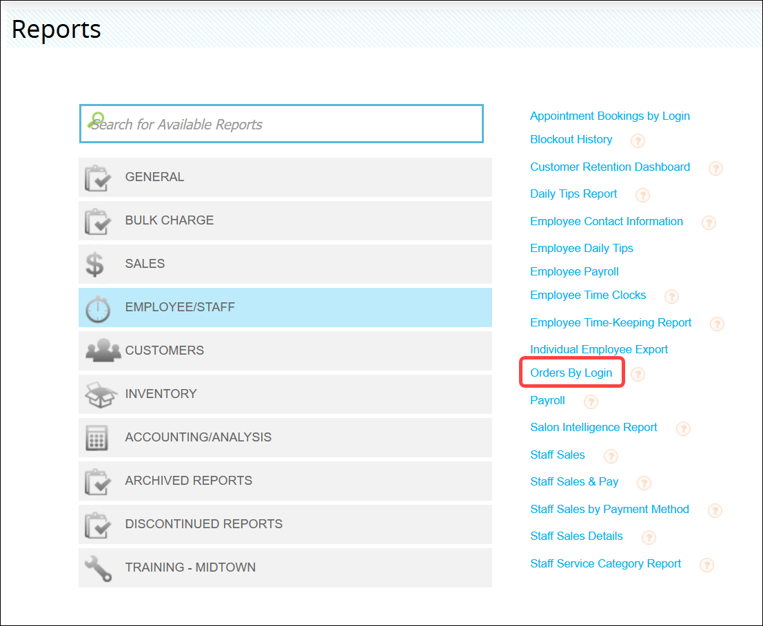 Orders By Login report - Booker