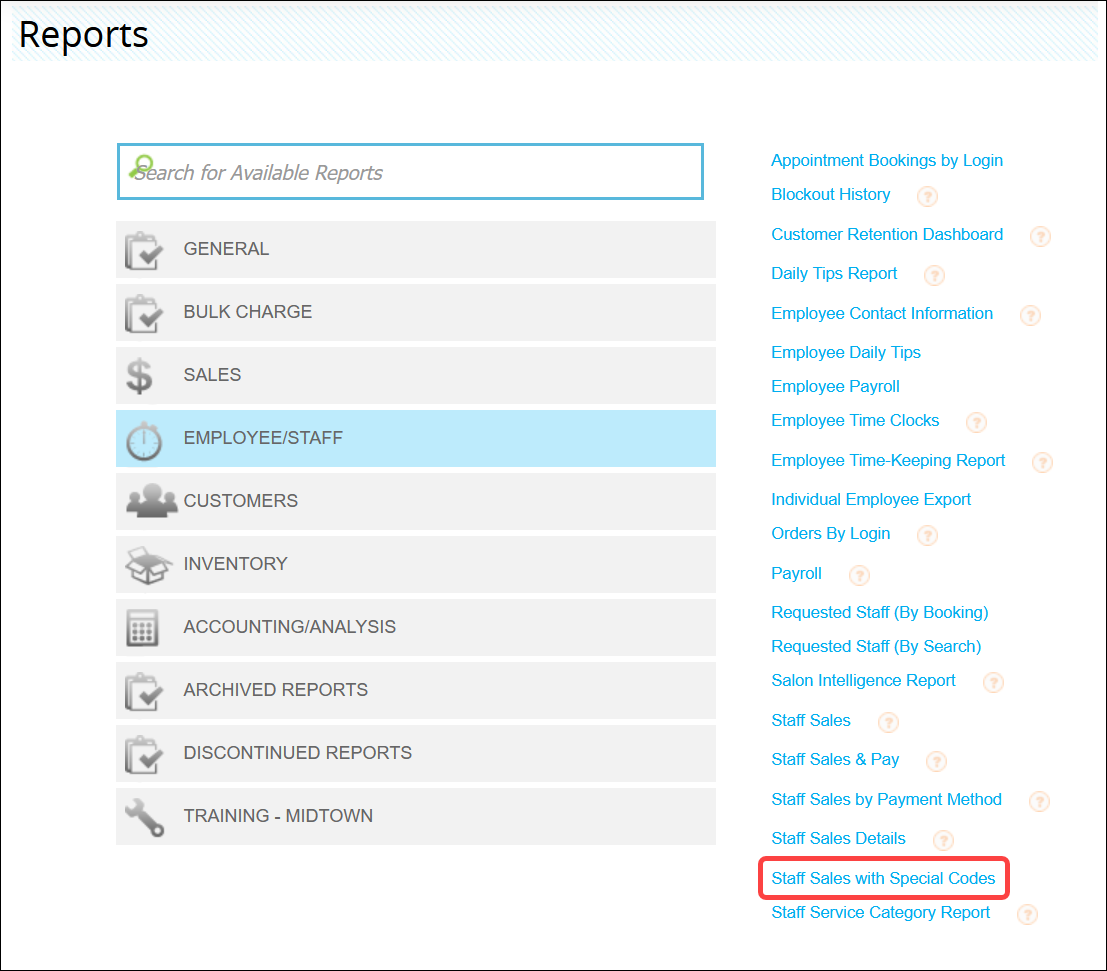 Staff Sales with Special Codes report - Booker