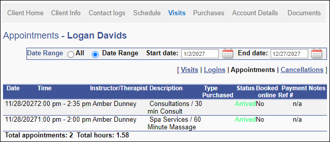 Client Visits screen