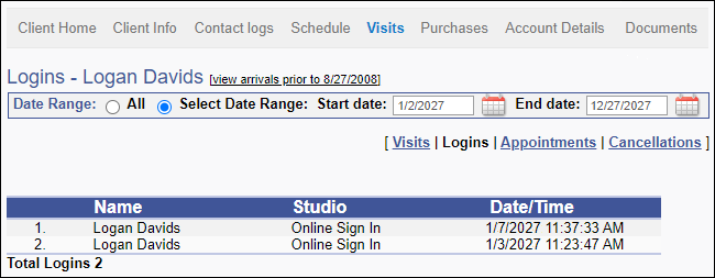 Client Visits screen