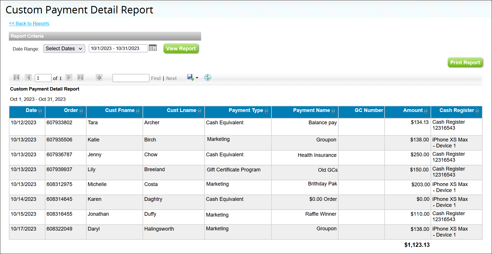 Custom Payment Detail report - Booker