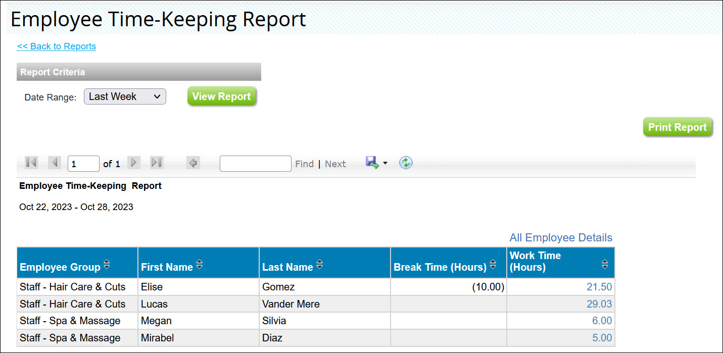 Employee Time Keeping report - Booker