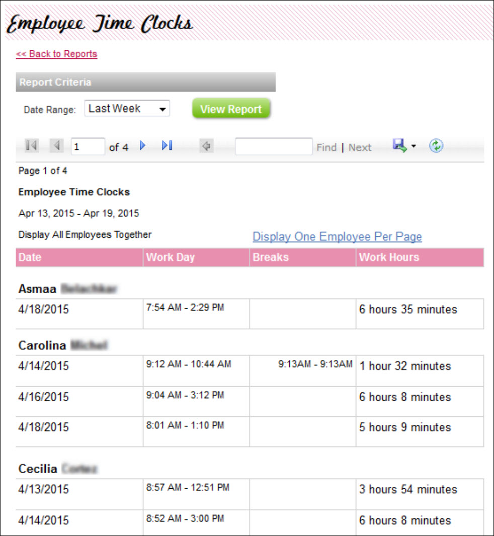 Employee Time Clocks report - Booker