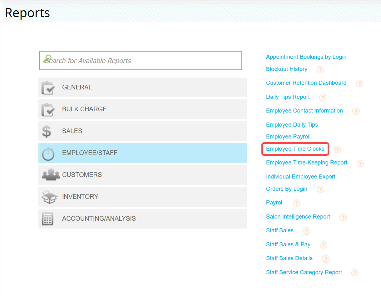 Employee Time Clocks report - Booker