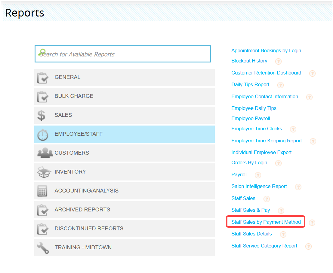 Staff Sales by Payment Method report - Booker