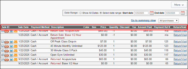 Purchases screen - overview