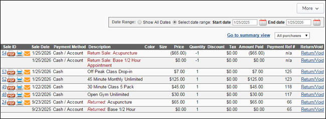 Purchases screen - overview