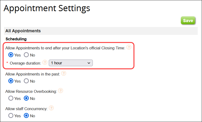 How to allow appointments to end after closing time - Booker