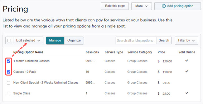 How to edit pricing options on the Pricing screen