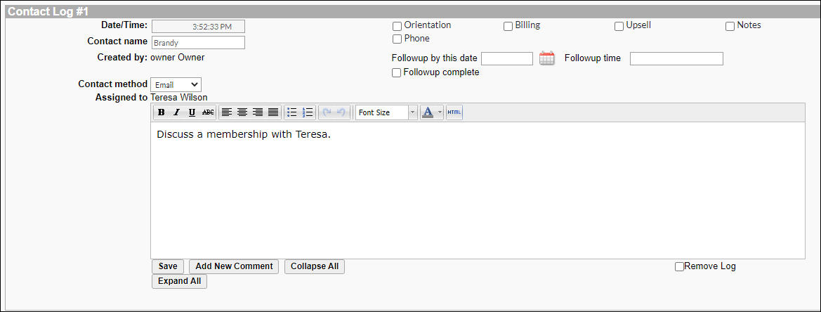 Client Contact Logs screen - overview