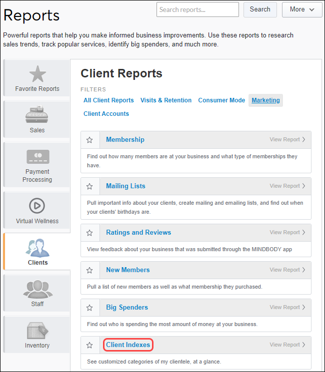 Client Indexes report