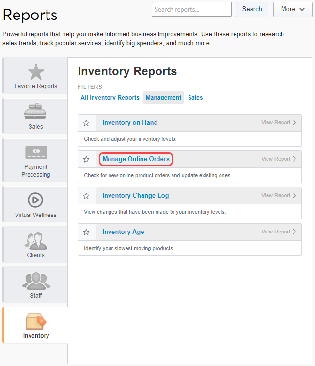 Manage Online Orders report