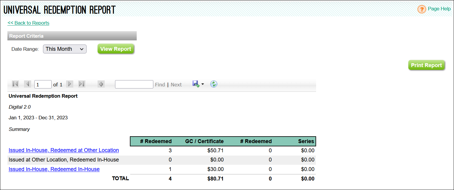 Universal Redemption report (GC and Series) - Booker