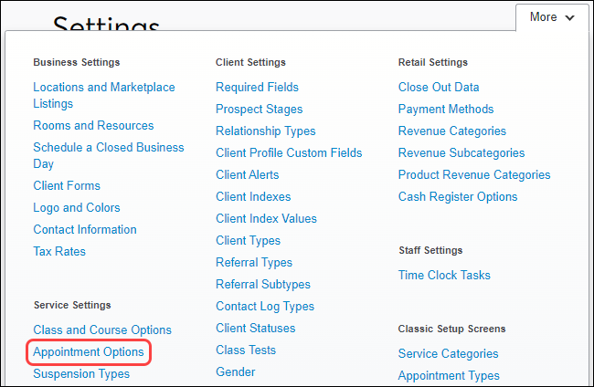 Appointment Options screen