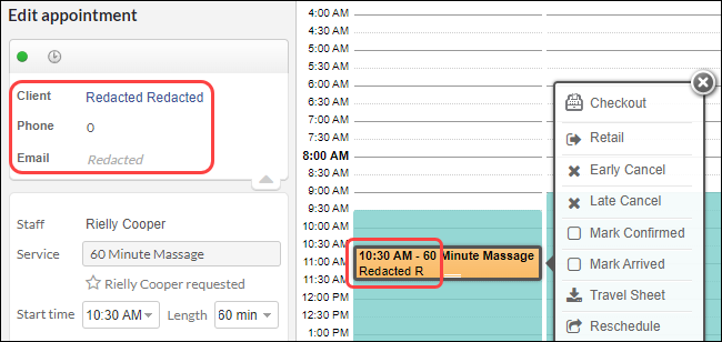How redacted client information shows in your Mindbody site