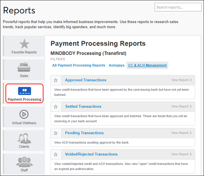 Payment Processing reports: Approved Transactions, Pending Transactions ...
