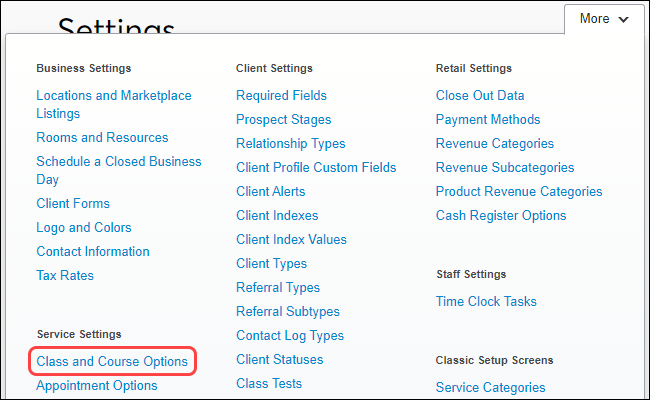 Class and course Options screen