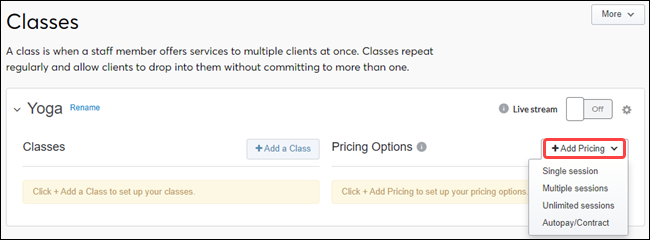 How to add class pricing on the Add a Pricing Option screen