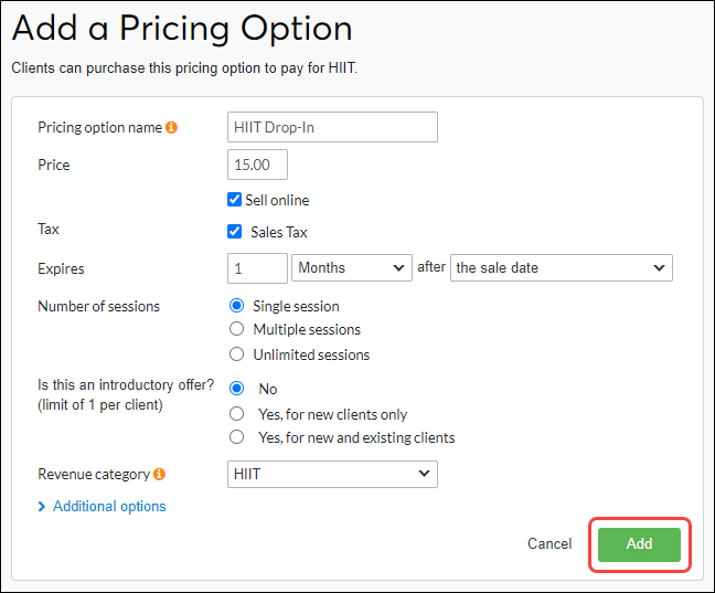 How to add class pricing on the Add a Pricing Option screen