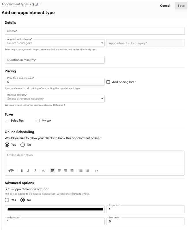 Appointment Types screen