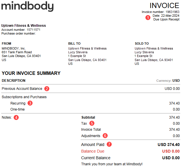 Mindbody Business subscription invoice overview