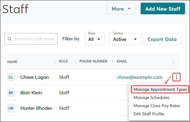 Staff appointment setup screen