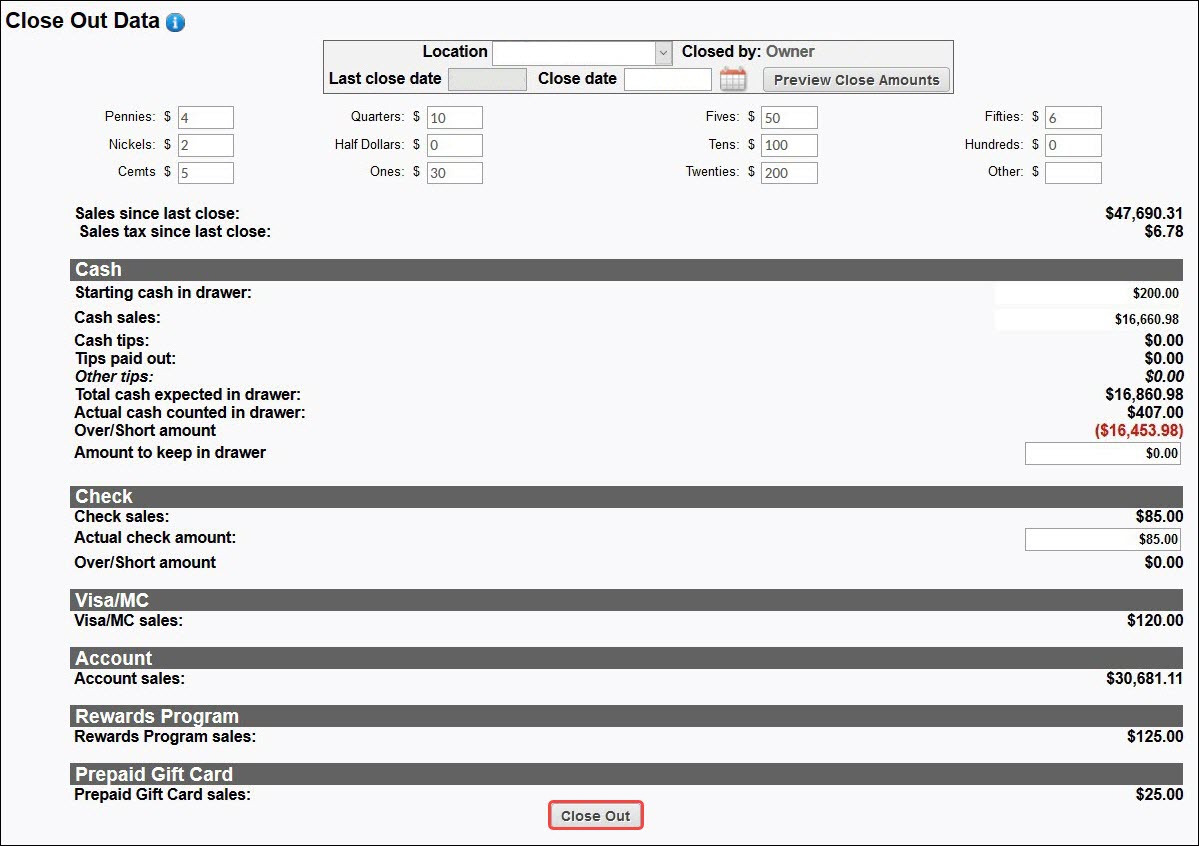 Daily Closeout report