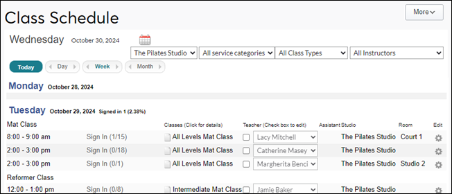 Class Sign In screen