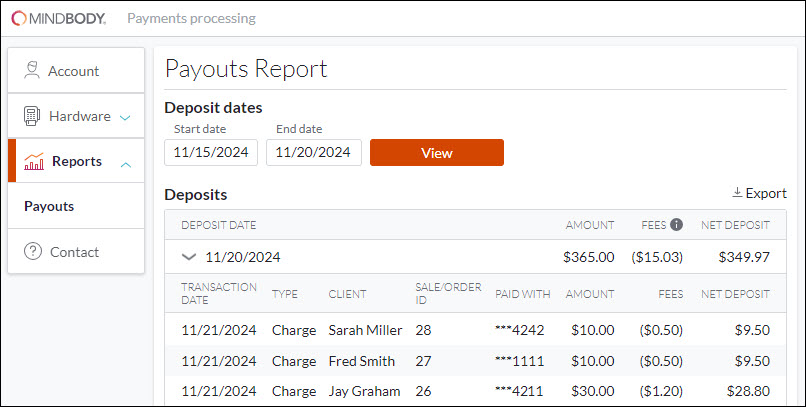 Payouts report for Mindbody Payments (All Regions)