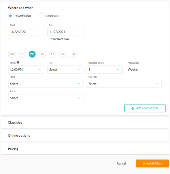 Scheduling classes screen