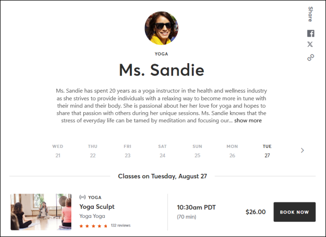 Instructor Details screen (Mindbody web app)