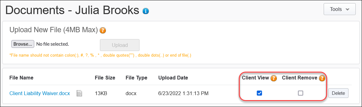 Client Documents screen