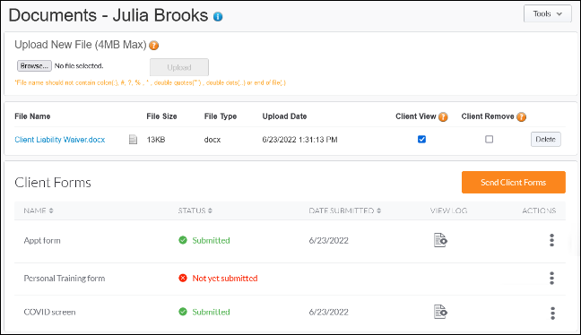 Client Documents screen