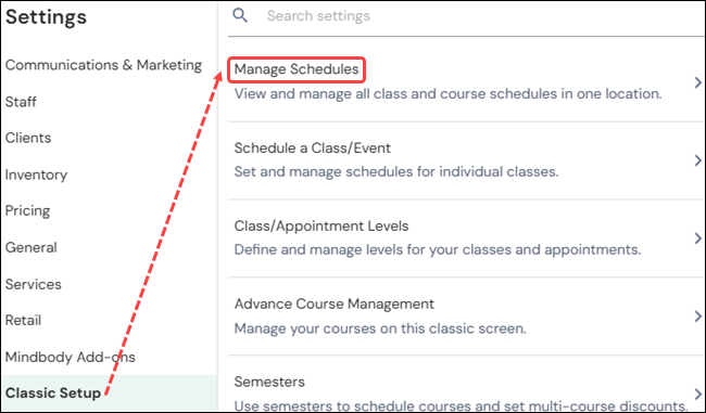 Manage Schedules screen (Classic Setup)